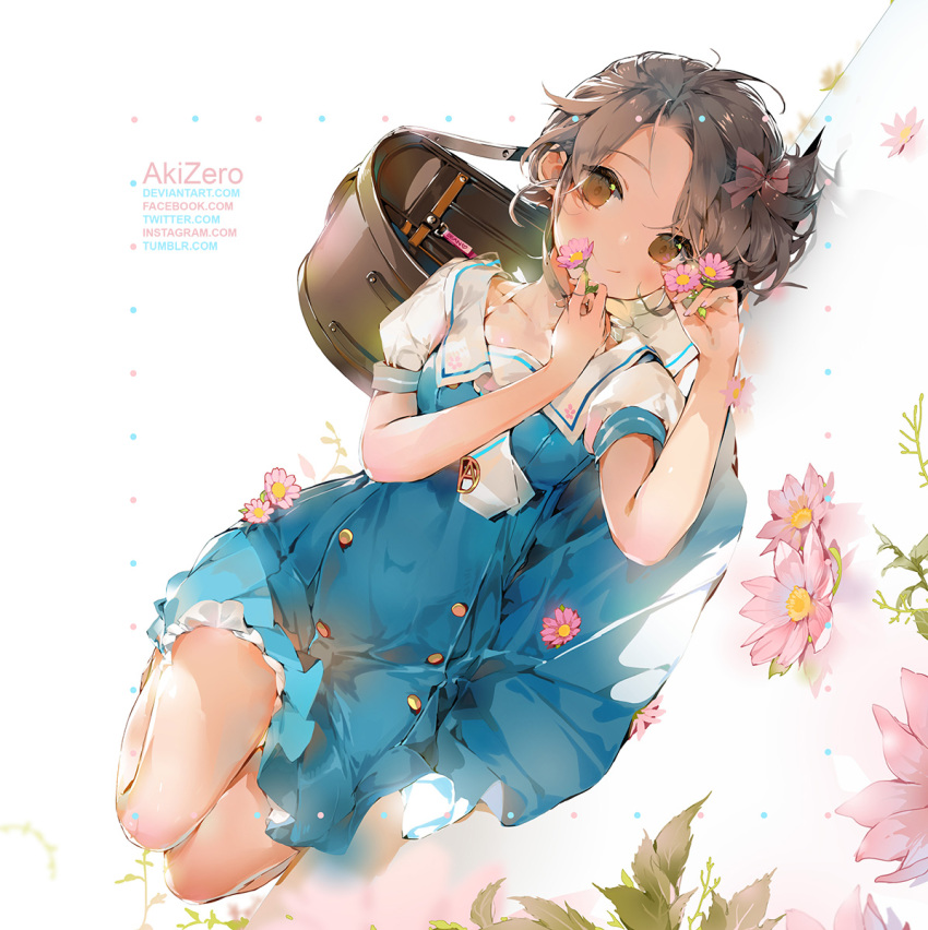 Safebooru - 1girl artist name backpack backpack removed bag bangs blue dress blush bow bowtie ...