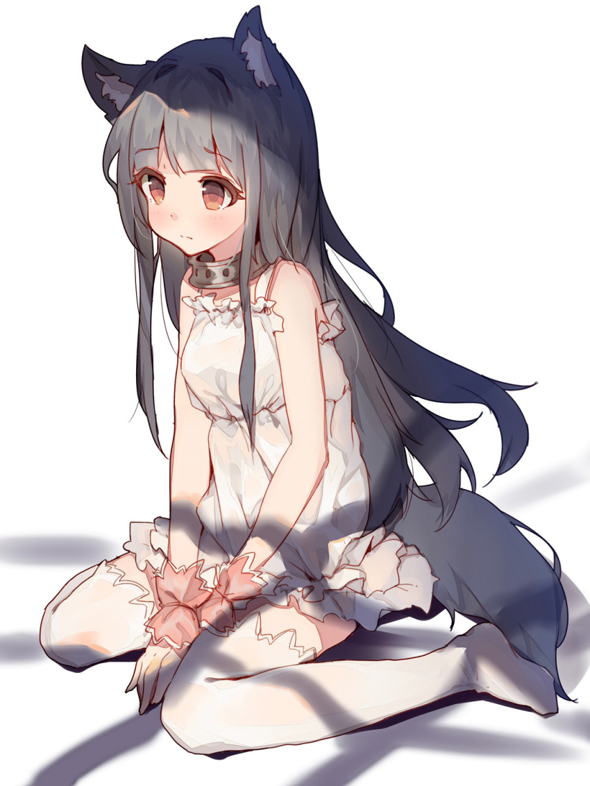 Safebooru - 1girl animal ear fluff animal ears bare shoulders black hair brown eyes collar dress ...
