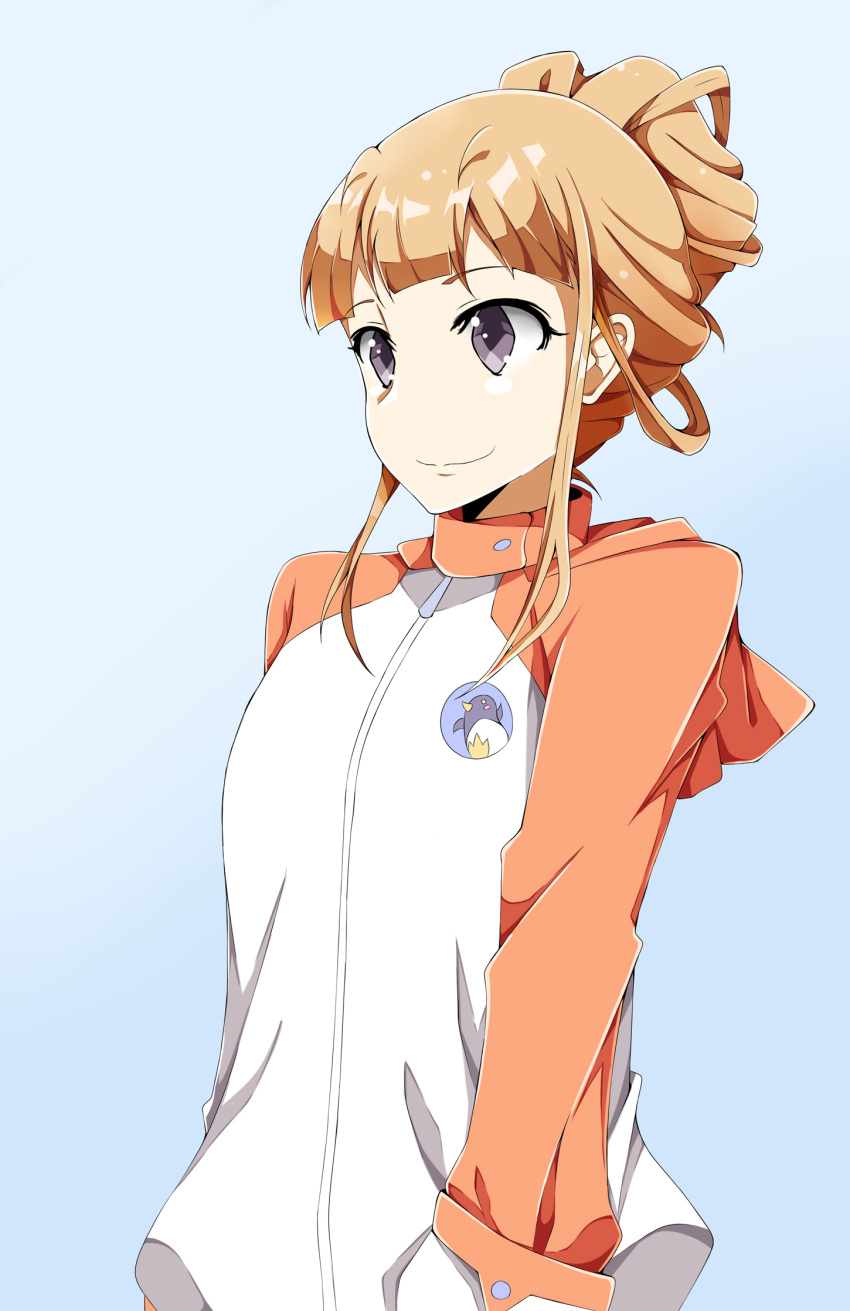 Safebooru - 1girl blue background brown hair grey eyes hands in pockets ...