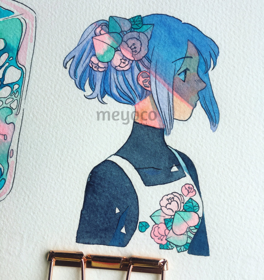 Safebooru - 1girl artist name black shirt blue hair collarbone ...