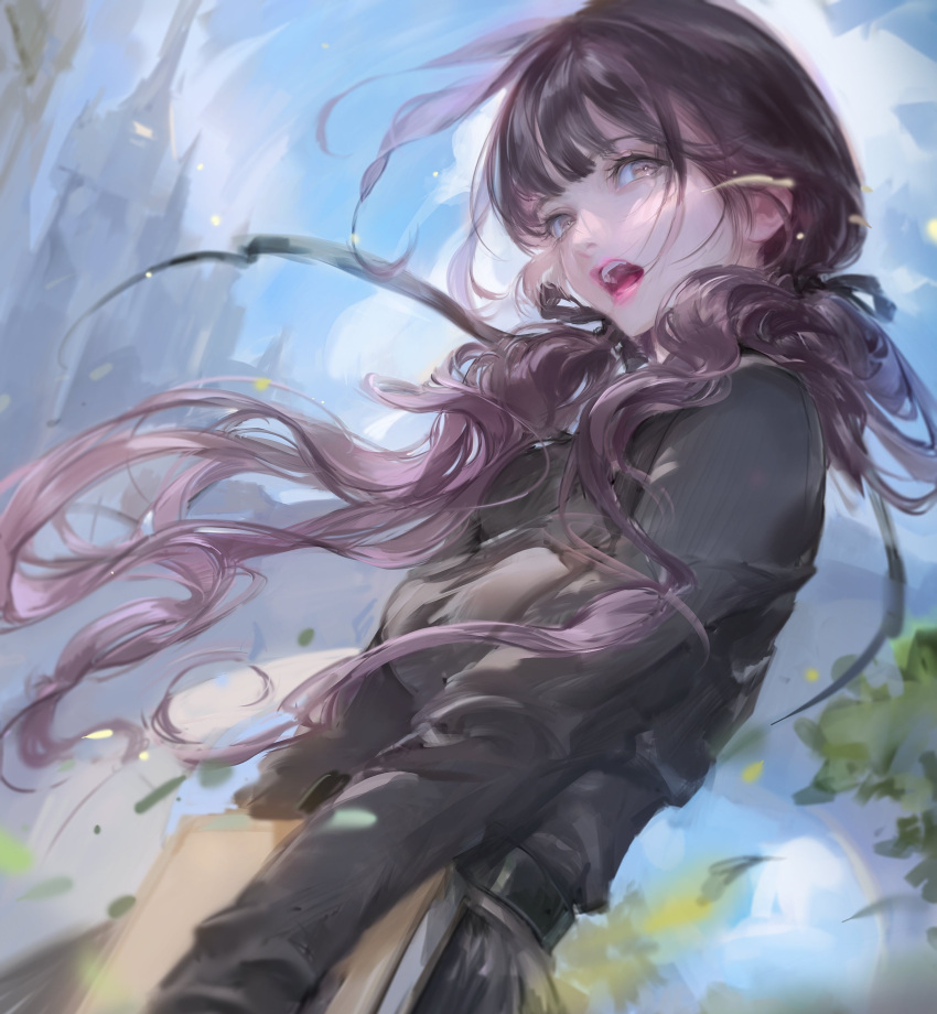 Safebooru - 1girl absurdres black bow black dress blue sky bm94199 book bow curly hair dress ...