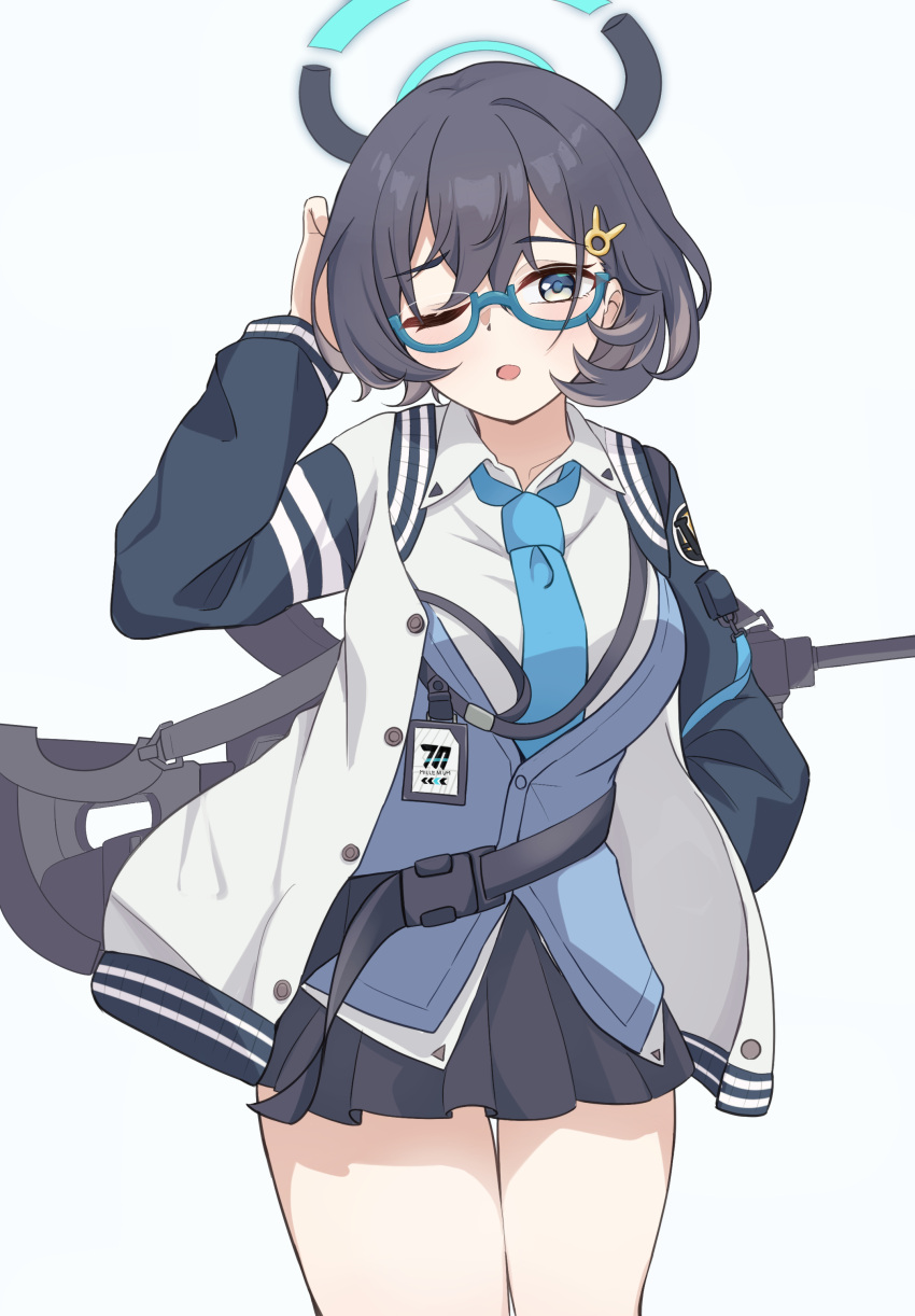 Safebooru - 1girl :o absurdres aqua-framed eyewear arm behind head assault rifle black hair ...