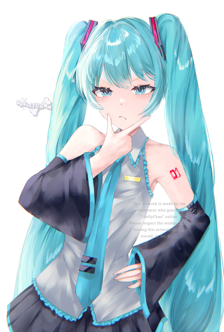 Safebooru - 1girl absurdres aqua eyes aqua hair aqua necktie detached sleeves grey shirt hatsune ...