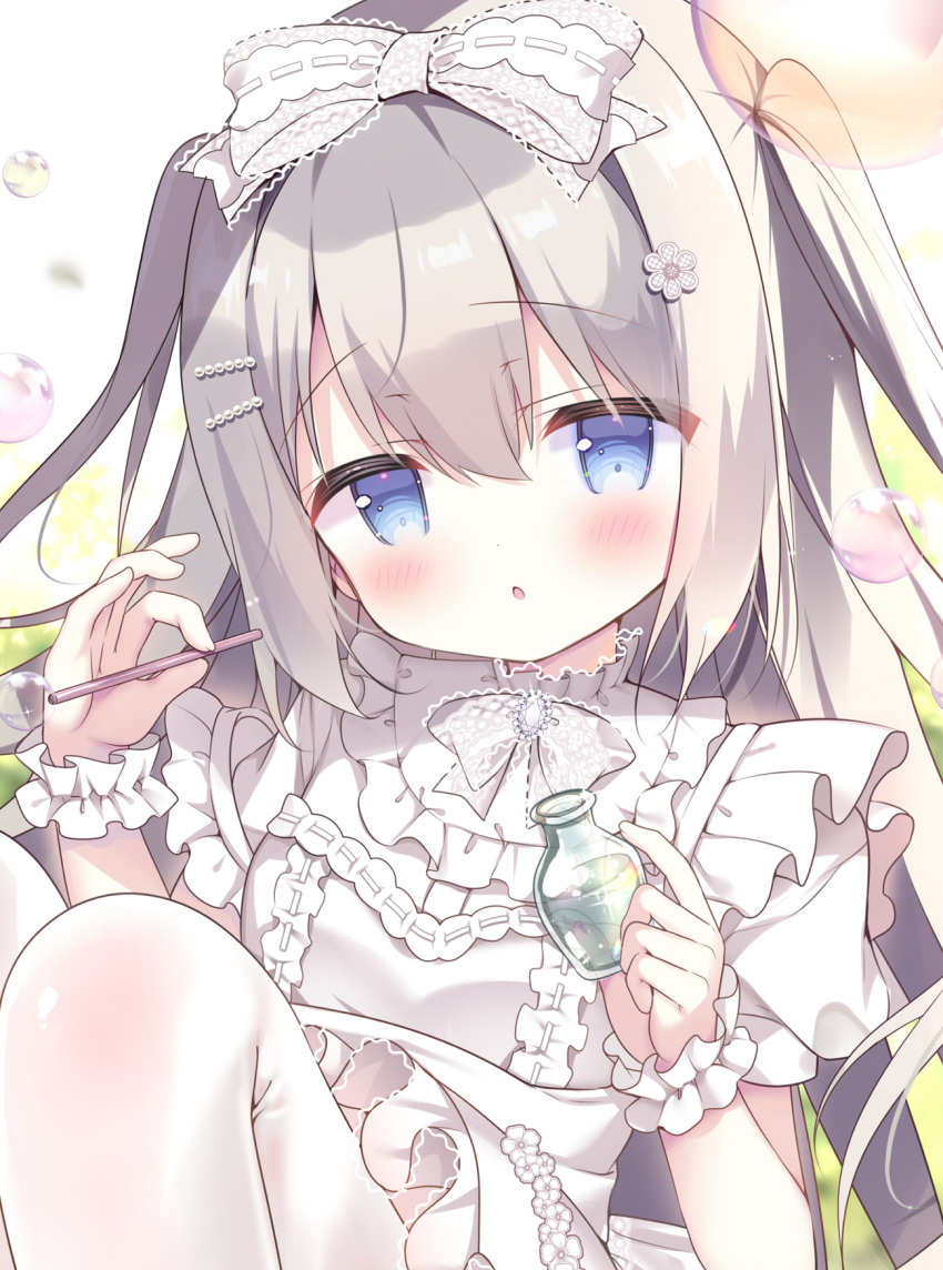 Safebooru - 1girl :o azumi kazuki blue eyes blush bottle bow bubble bubble pipe commentary ...