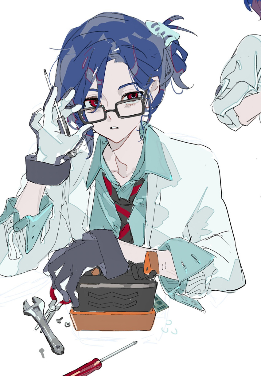Safebooru - 1boy adjusting eyewear blue hair camera001 claw hair clip collared shirt glass ...