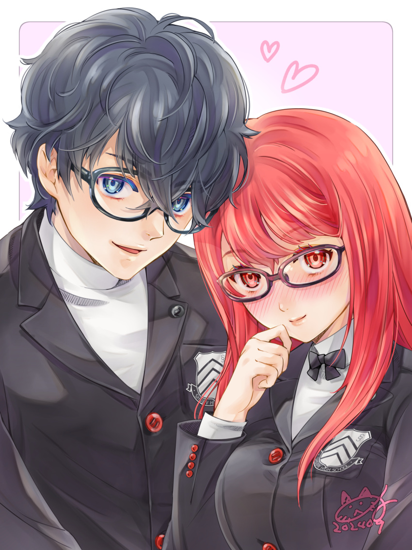 Safebooru - 1boy 1girl amamiya ren black-framed eyewear black hair black jacket blush closed ...