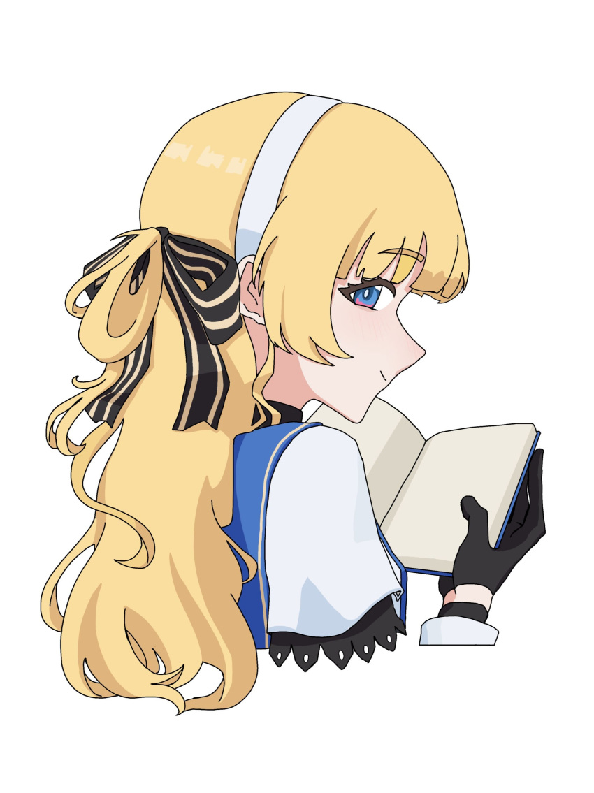 Safebooru - 1girl absurdres black bow black gloves blonde hair blue eyes book bow closed mouth ...