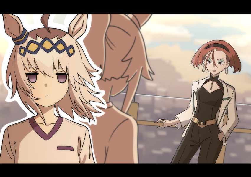 Safebooru - 2girls absurdres animal ears annqi black hairband black pants black shirt blue eyes ...