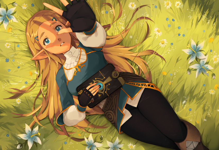 Safebooru - 1girl arm up black gloves black pants blonde hair blue eyes blue shirt blush boots ...