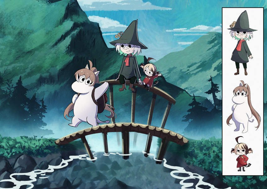 Safebooru - 3girls absurdres ahoge backpack bag black pants bridge ...