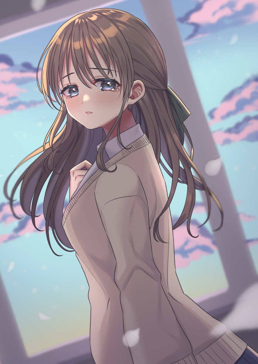 Safebooru - 1girl absurdres blue eyes blurry blurry background brown hair clouds collared shirt ...