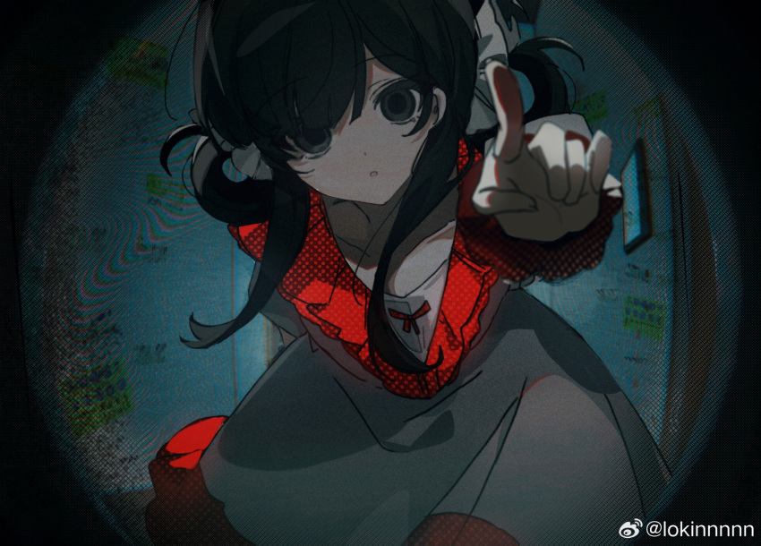 Safebooru - 1girl arms behind head black hair bow coxx8 dress original red bow twintails ...