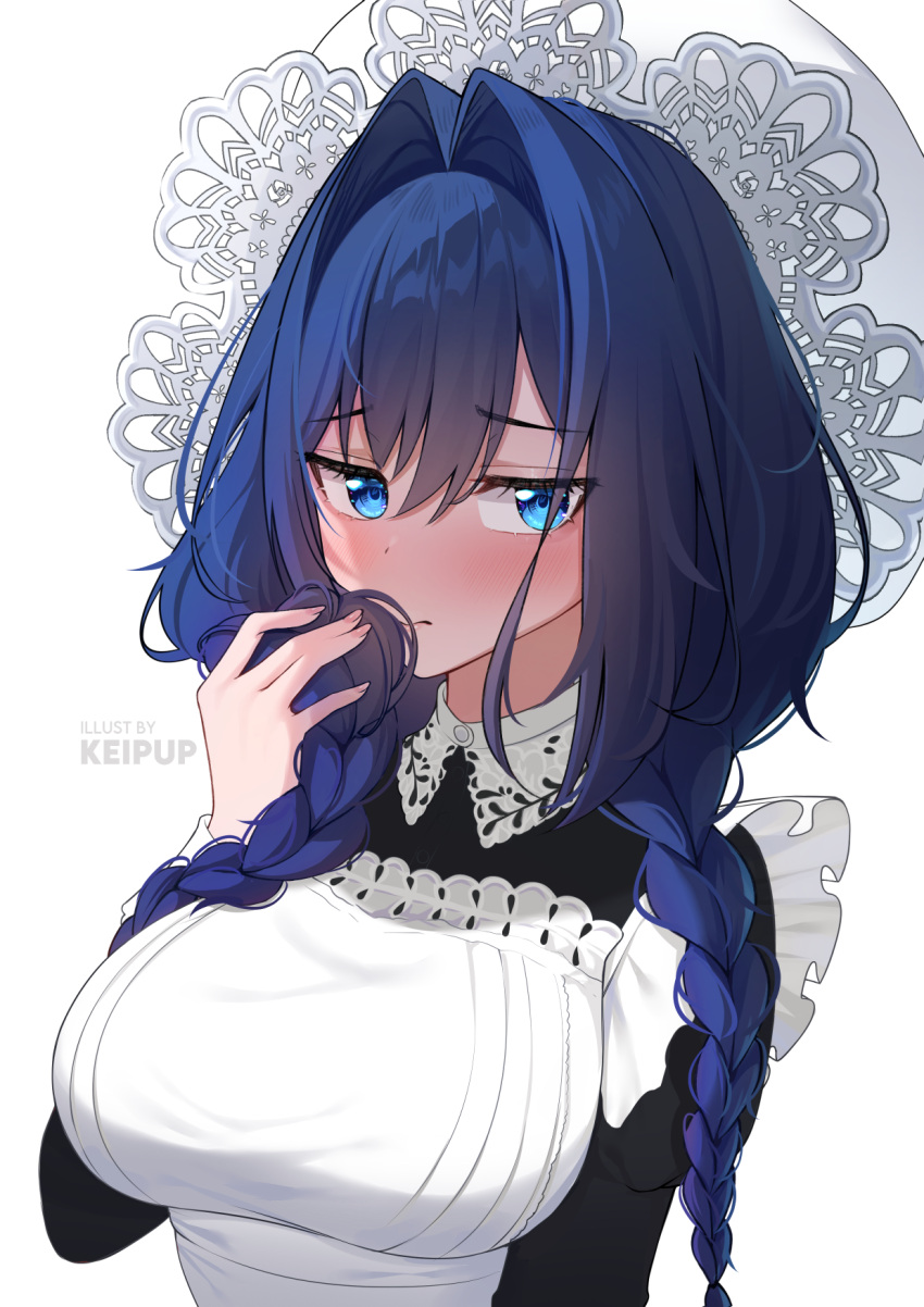 Safebooru - 1girl apron black dress blue eyes blue hair braid breasts closed mouth dress highres ...