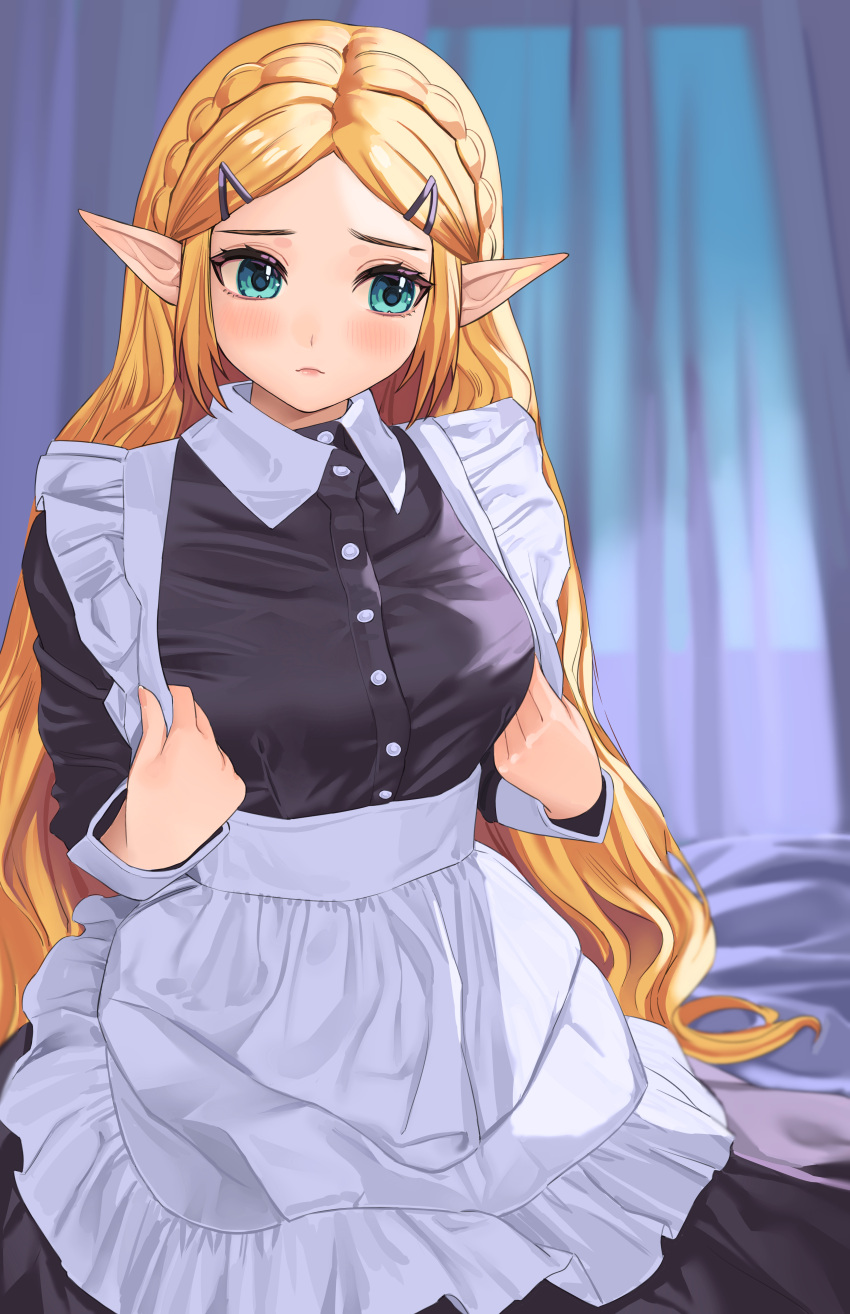 Safebooru - 1girl absurdres alternate costume apron aqua eyes black dress blonde hair braid ...