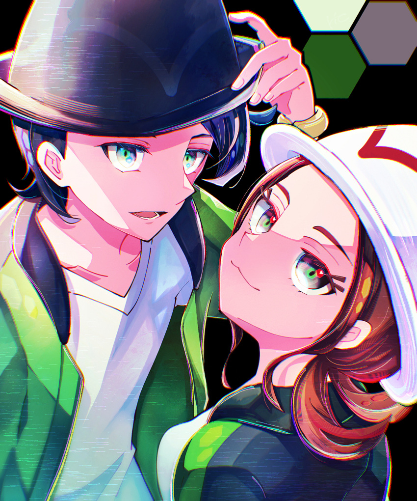 Safebooru - 1boy 1girl :3 black hair black hat black jacket closed mouth eyelashes green eyes ...