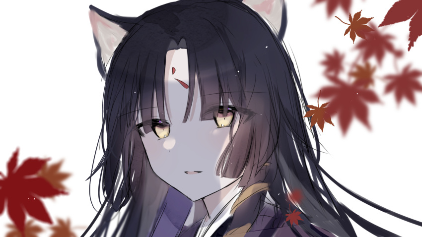 Safebooru - 1girl animal ears arknights autumn leaves black hair blurry commentary eyes visible ...