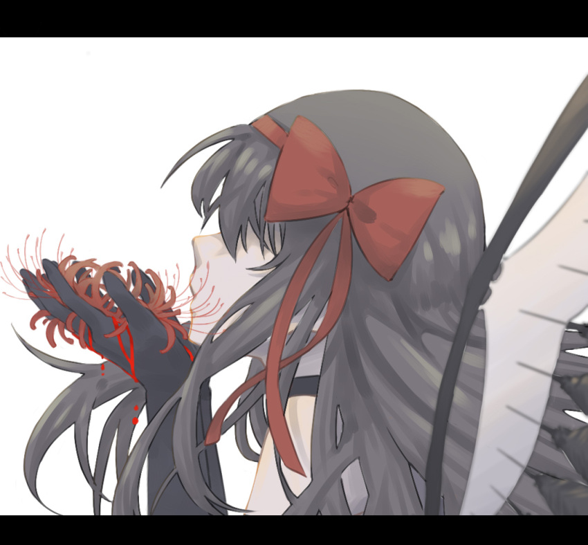 Safebooru - 1girl akemi homura akuma homura black border black hair border flower gakuma hair ...