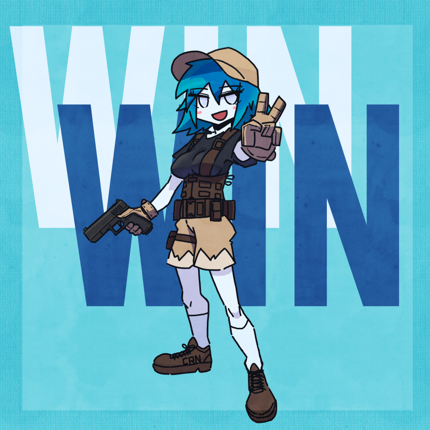 Safebooru - 1girl :d absurdres black shirt blue background blue hair blush stickers breasts ...