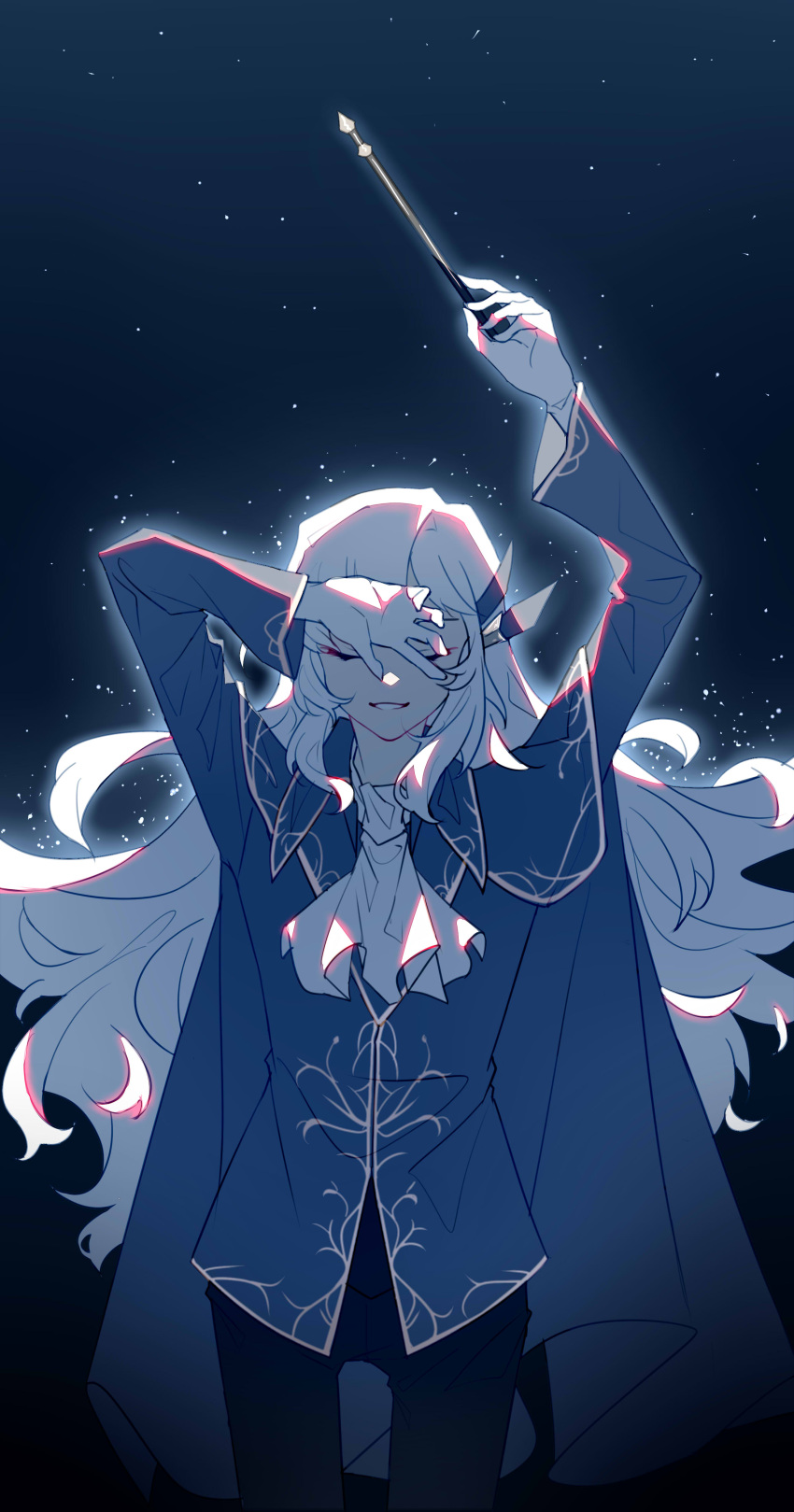 Safebooru - 1boy absurdres androgynous argalia (project moon) arm above head arms up ascot ...