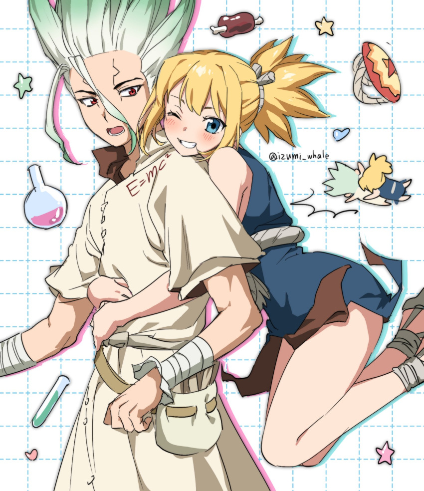 Safebooru - 1boy 1girl asymmetrical hair blonde hair blue dress blush dr. stone dress e=mc2 ...