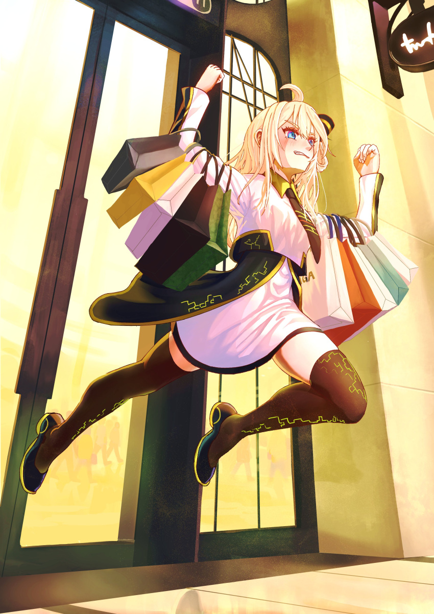 Safebooru - 1girl absurdres ahoge arms up bag black necktie blonde hair blue eyes brown necktie ...