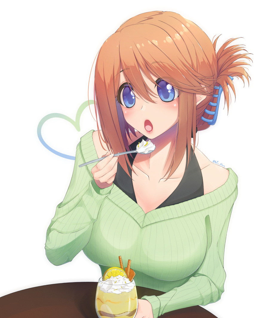 Safebooru - 1girl absurdres blue eyes breasts brown hair folded ponytail food green sweater ...