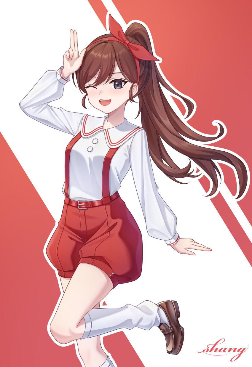 Safebooru - 1girl ;d absurdres arm up bad source belt blush brown hair english text hairband ...