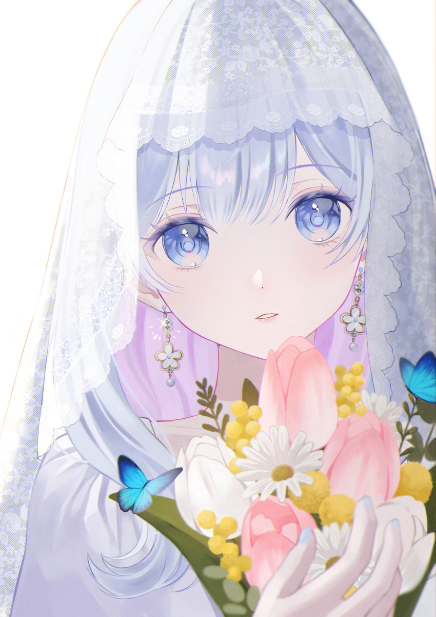 Safebooru - 1girl absurdres blue eyes bridal veil bug butterfly flower grey hair highres long ...