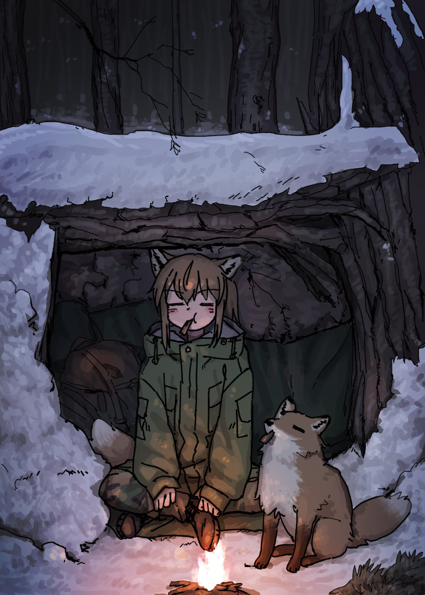 Safebooru - 1girl = = absurdres animal ears backpack bag bonfire brown hair camouflage ...