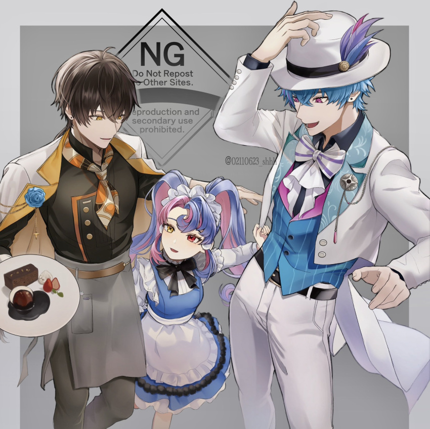 Safebooru - 02110623 shhh 1girl 2boys apron belt black belt black bow black bowtie black hair ...