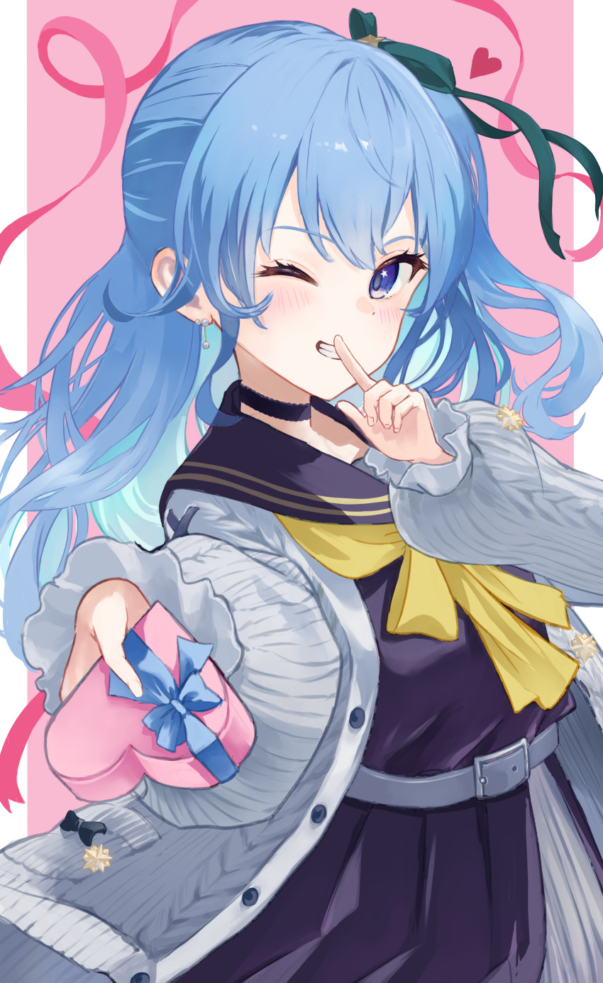 Safebooru - 1girl absurdres black choker blue eyes blue hair blue shirt blue skirt box choker ...