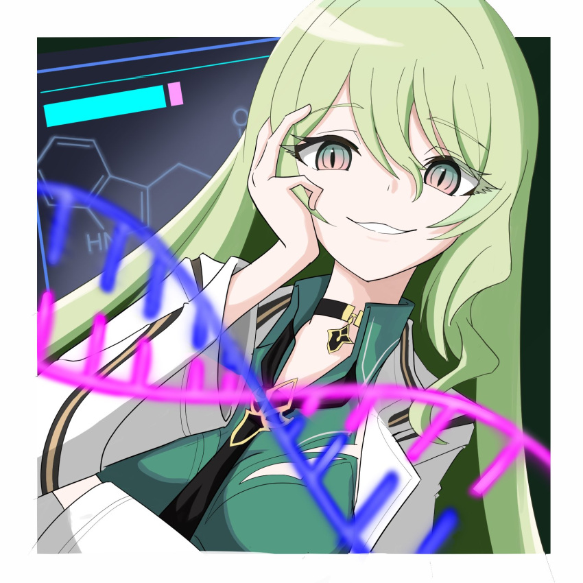 Safebooru - black choker border choker coat dna green hair green shirt ...