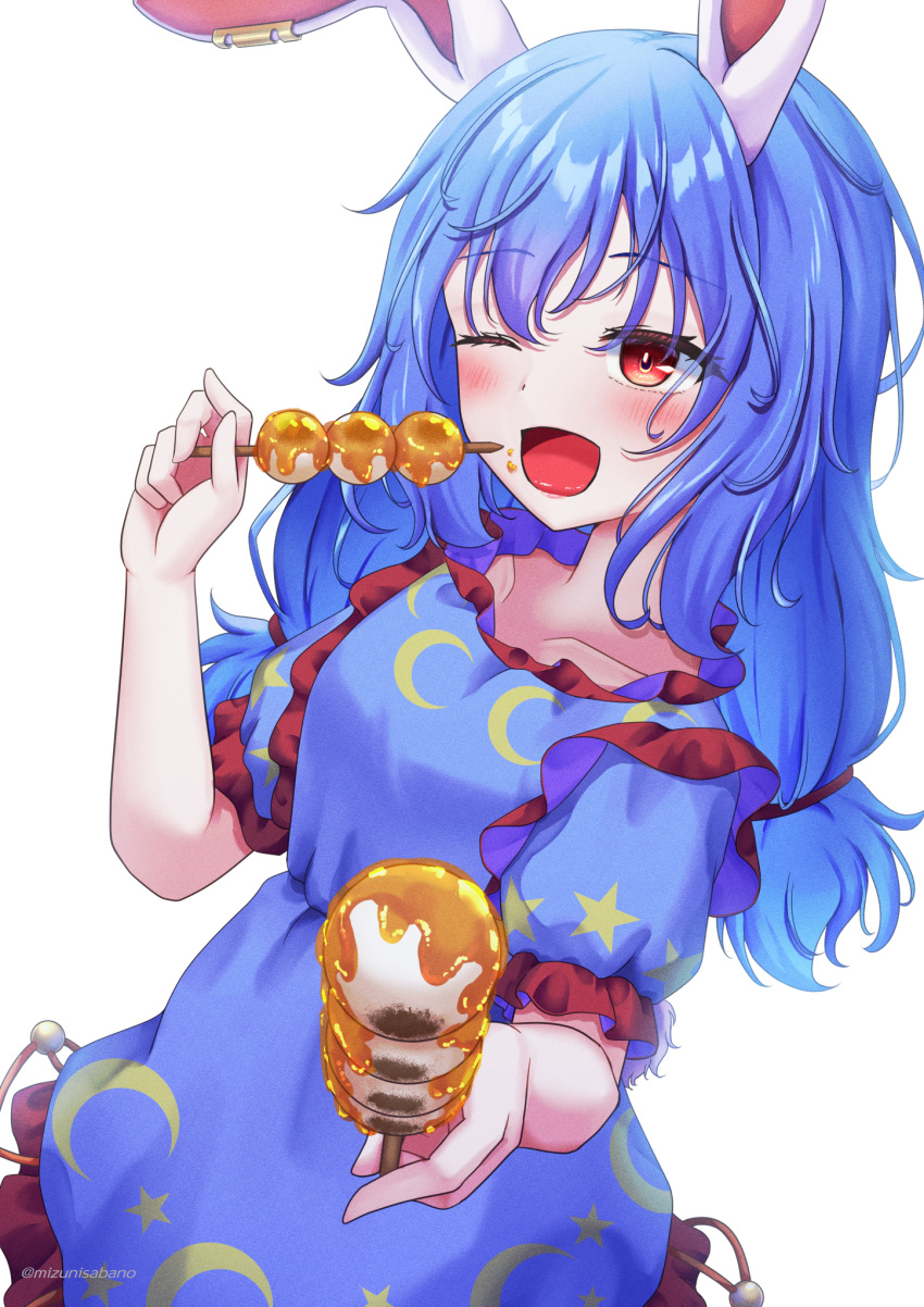 Safebooru - 1girl animal ears blue dress blue hair blush breasts commentary request crescent ...
