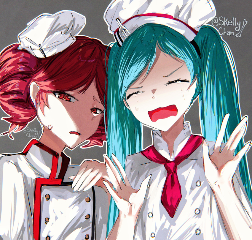 Safebooru - 2girls aqua hair chef chef hat crying drill hair grey ...
