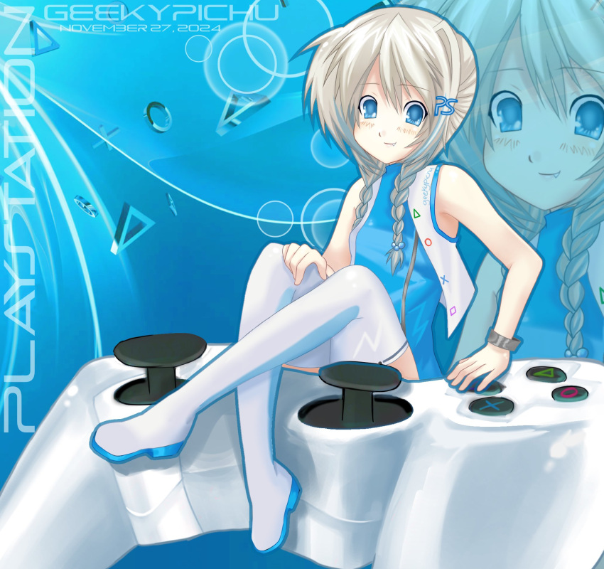 Safebooru - 1girl 2000s (style) blue eyes blue hair blue leotard boots bracelet braid breasts ...