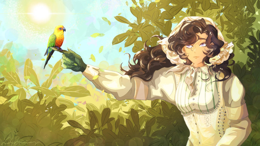Safebooru - 1girl anjo nala bird bird on hand brown hair doodletavern ...