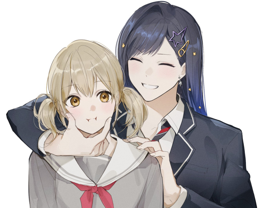 Safebooru - 2girls azusawa kohane black jacket blue hair blush brown hair cheek squash closed ...