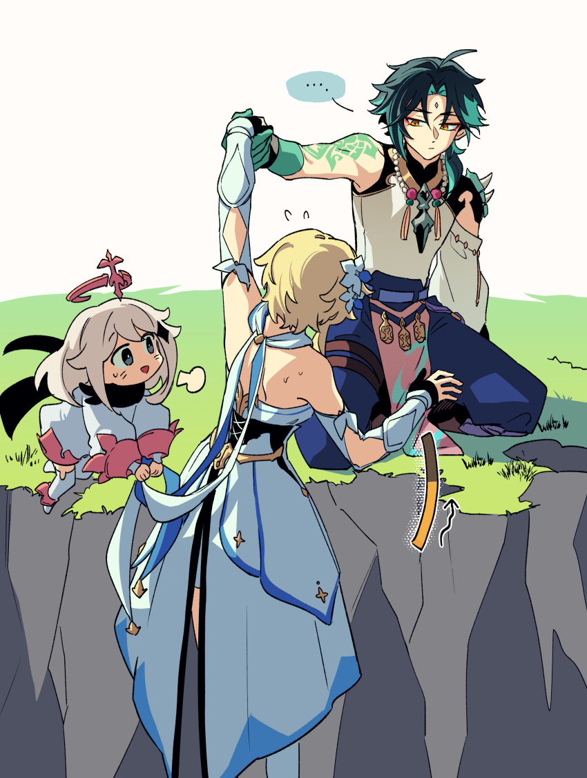 Safebooru - ... 1boy 2girls absurdres arm tattoo bead necklace beads black gloves black hair ...