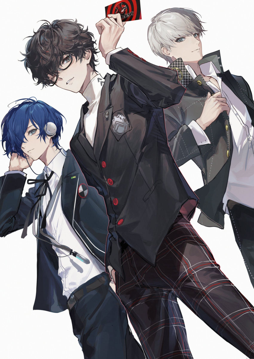 Safebooru - 3boys absurdres amamiya ren black-framed eyewear black hair black jacket black pants ...