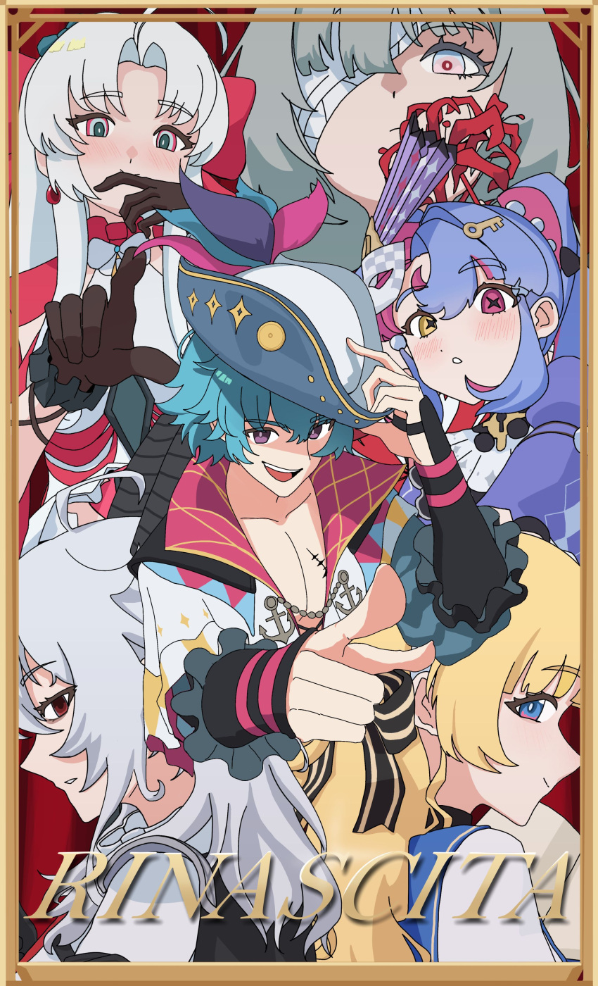 Safebooru - 1boy 5girls absurdres bandage over one eye black gloves blonde hair blue hair blue ...