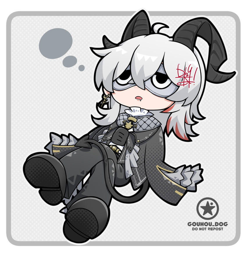 Safebooru - 1girl artist logo black horns black jacket black pants ...