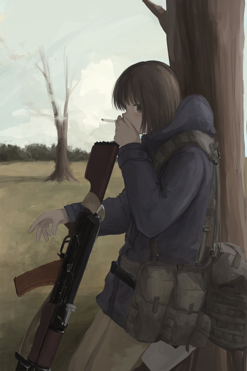 Safebooru - 1girl absurdres attamaf866 bare tree blue jacket chest rig ...