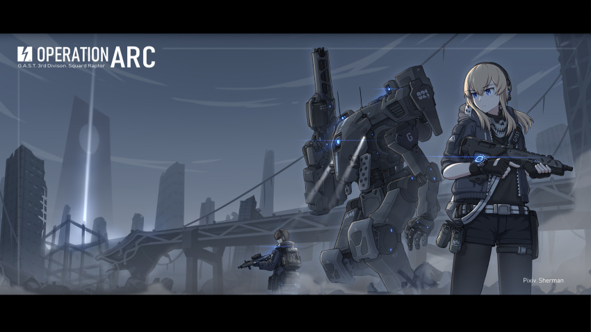 Safebooru - 1boy 1girl absurdres assault rifle backpack bag black hair blonde hair blue eyes ...