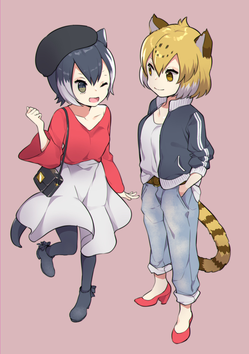 Safebooru - 2girls ;d absurdres alternate costume animal ears bag bangs belt belt buckle beret ...