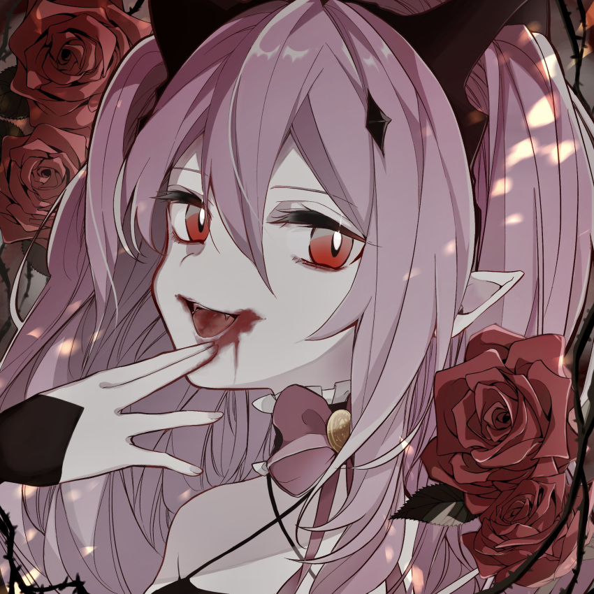 Safebooru - 1girl :d bare shoulders black dress blood blood in mouth ...