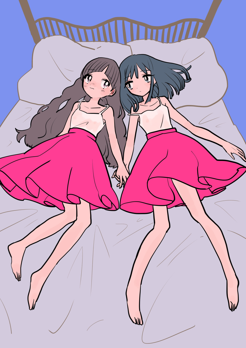 Safebooru - 2girls absurdres bangs bare legs barefoot blue background blue eyes blue hair blunt ...