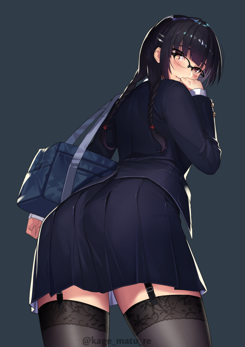 Safebooru - 1girl ass back bag bangs black-framed eyewear black hair black jacket black legwear ...