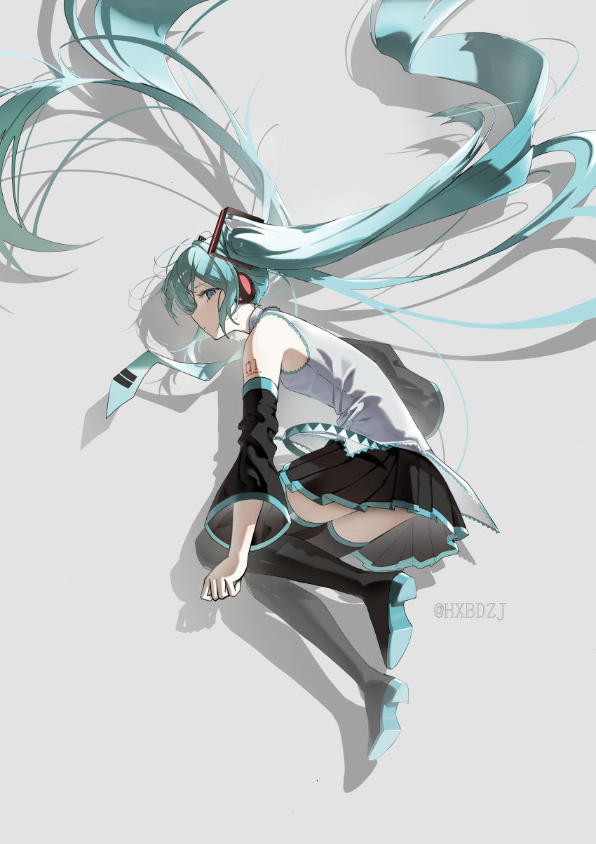 Safebooru - 1girl absurdres aqua eyes aqua hair bare shoulders black boots black skirt black ...