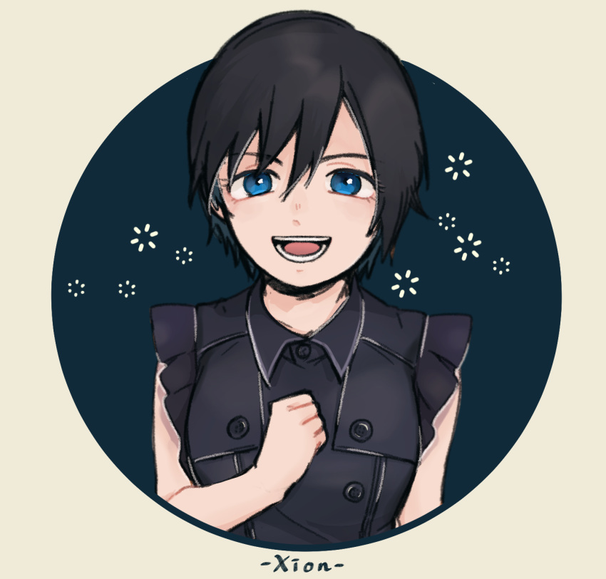 Safebooru - 1girl black hair blue background blue eyes character name clenched hand commentary ...