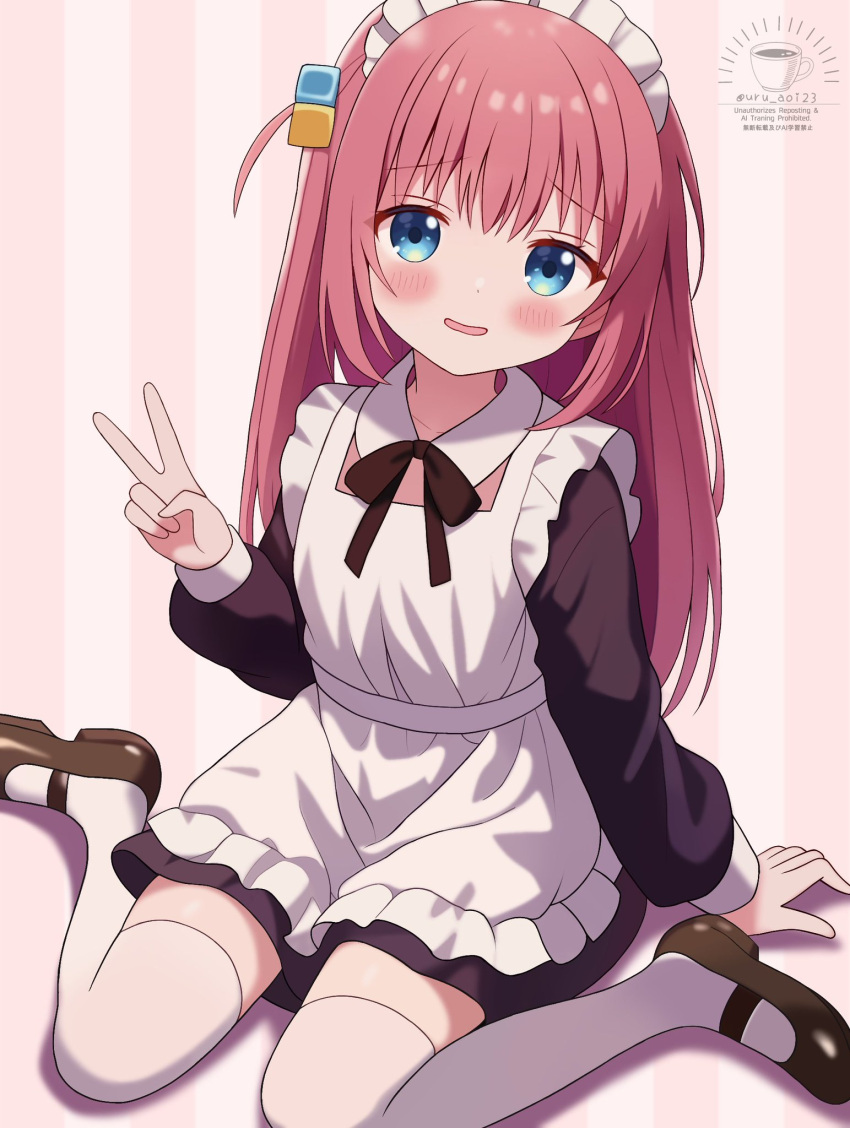 Safebooru - 1girl apron black dress blue eyes blush bocchi the rock! brown ribbon brown shoes ...